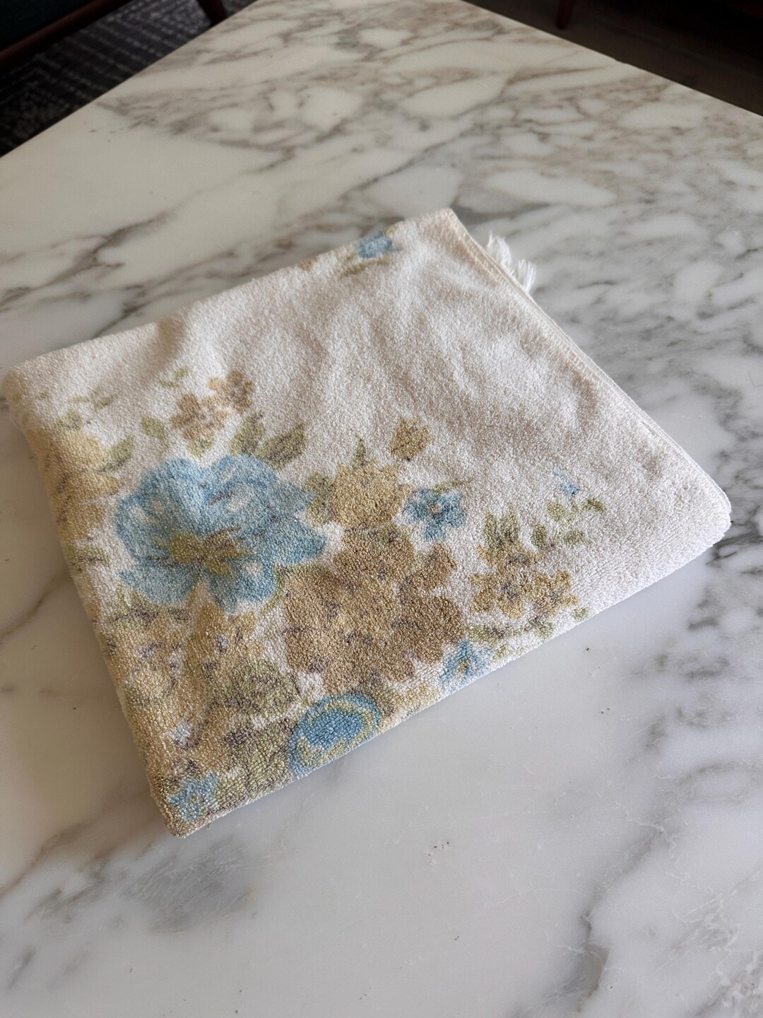 Vintage 1960s or 1970s Sears Drylon Bath Towel - Yellow and Blue Floral ...