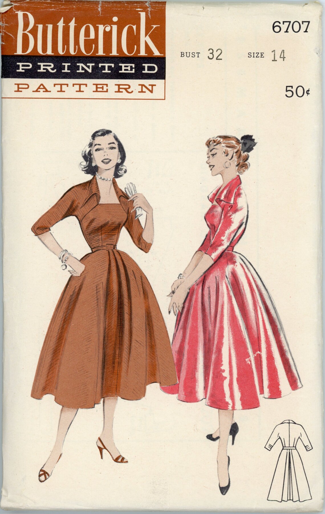 Vintage Butterick Pattern 6707 Ca. 1953 Full Skirted Dress - Etsy