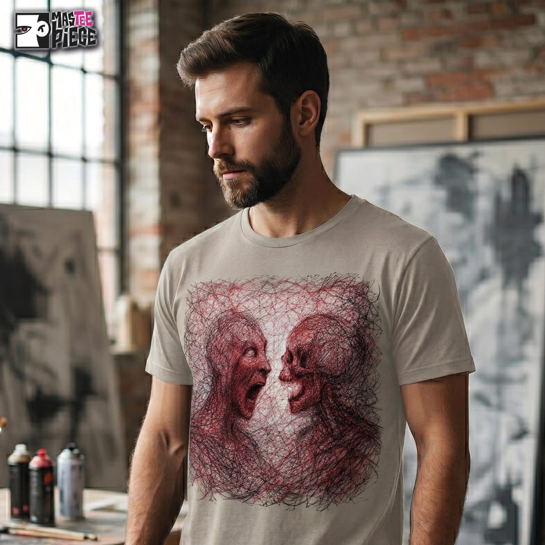 Abstract Line Art Skull T-shirt, Y2K Grunge Clothing, Red Black ...