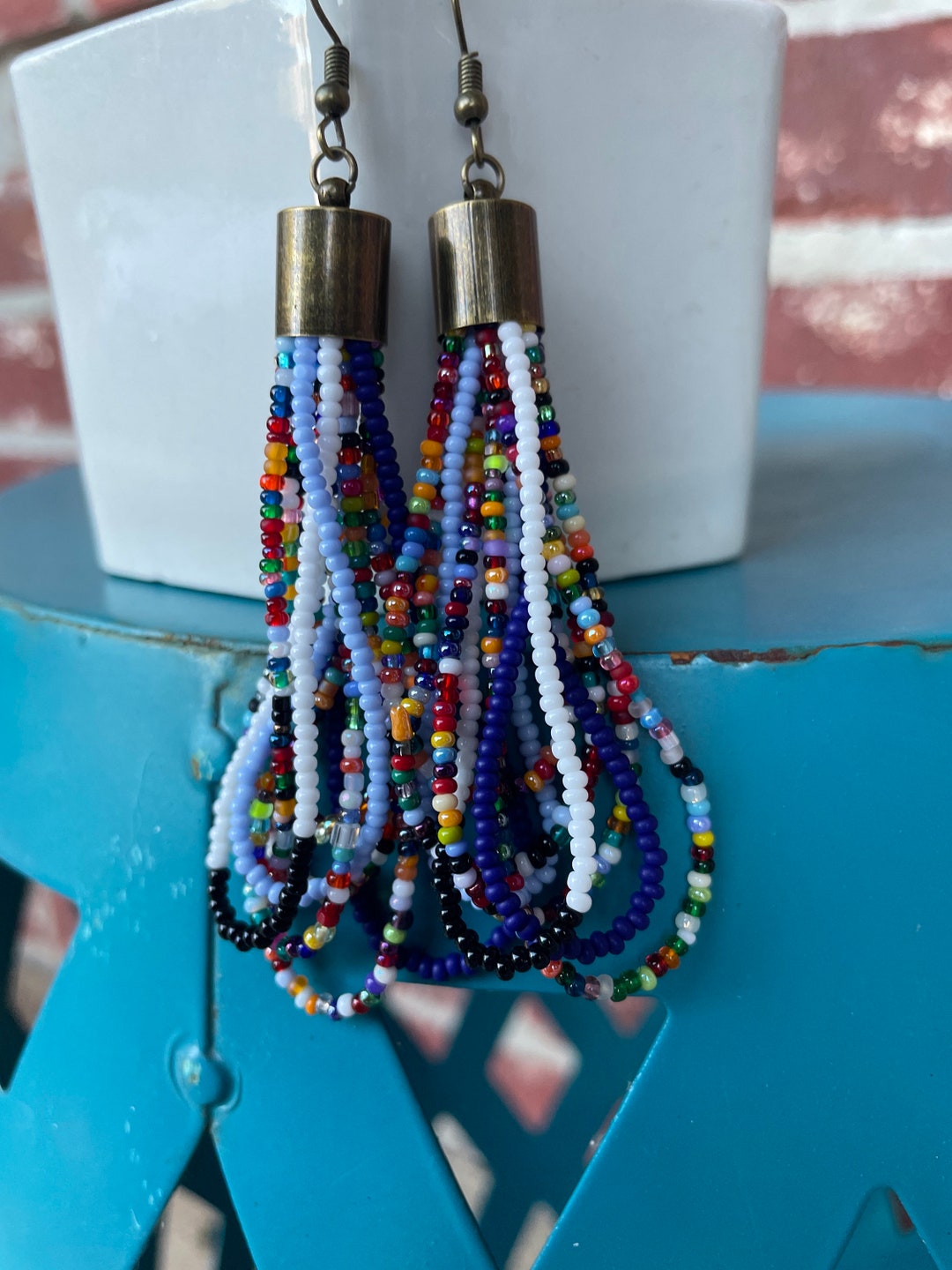 Beaded Loop Earrings Blue and Static - Etsy