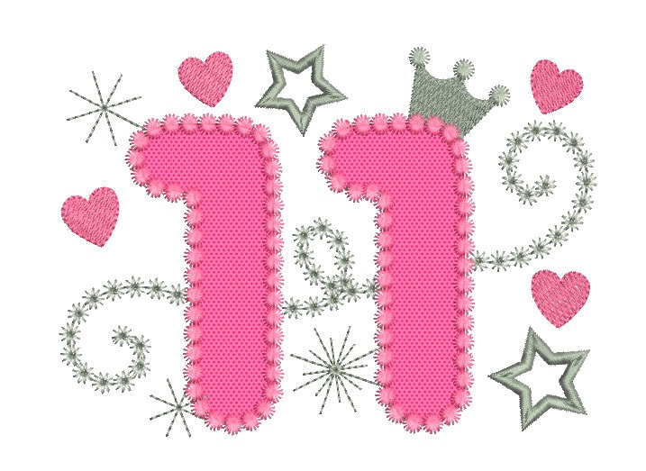 Happy Bithday Number 11 Pink Glamour for Girl Applique | Etsy