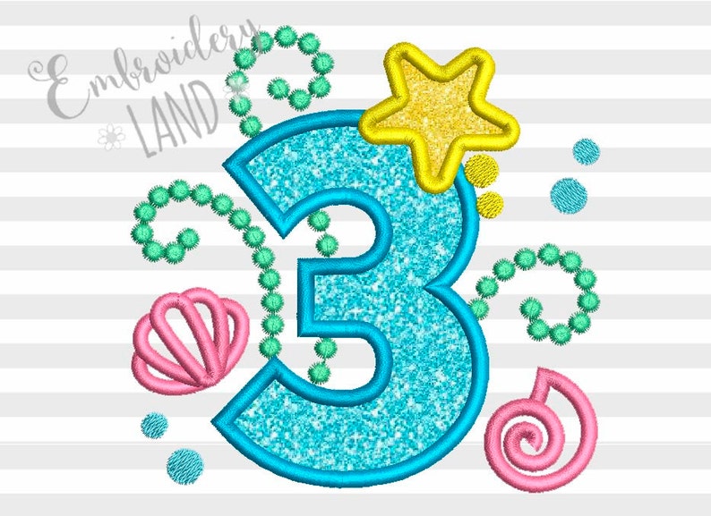 Cute Mermaid Sea Number 3 Applique Embroidery Design for Baby | Etsy
