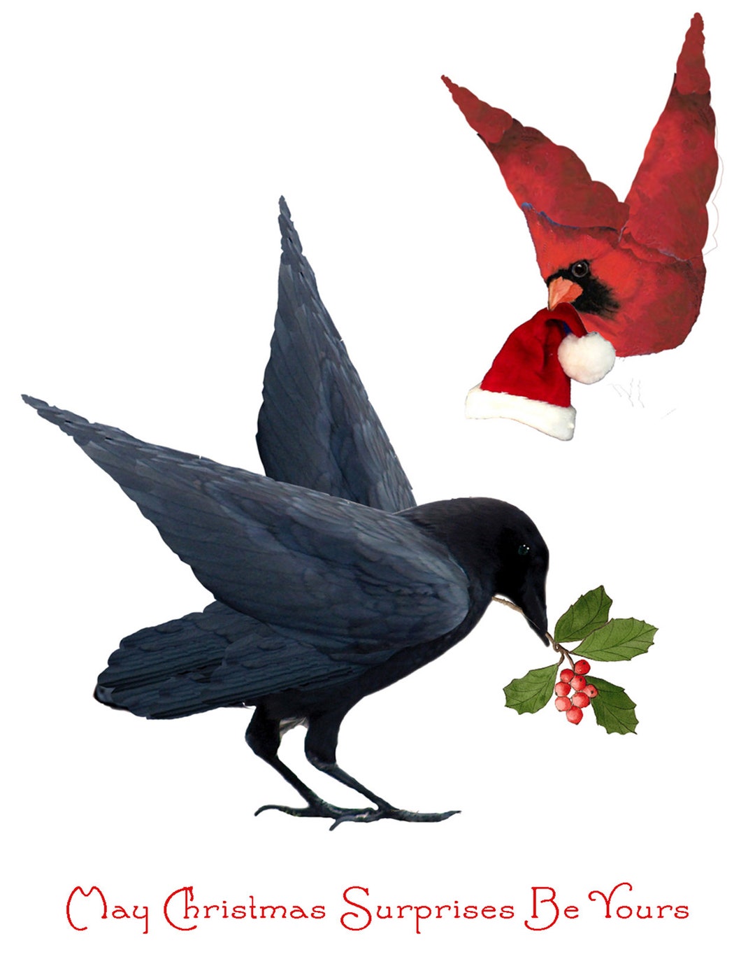 Santa Crow and Cardinal Cards With Glitter, Handmade Christmas Raven ...