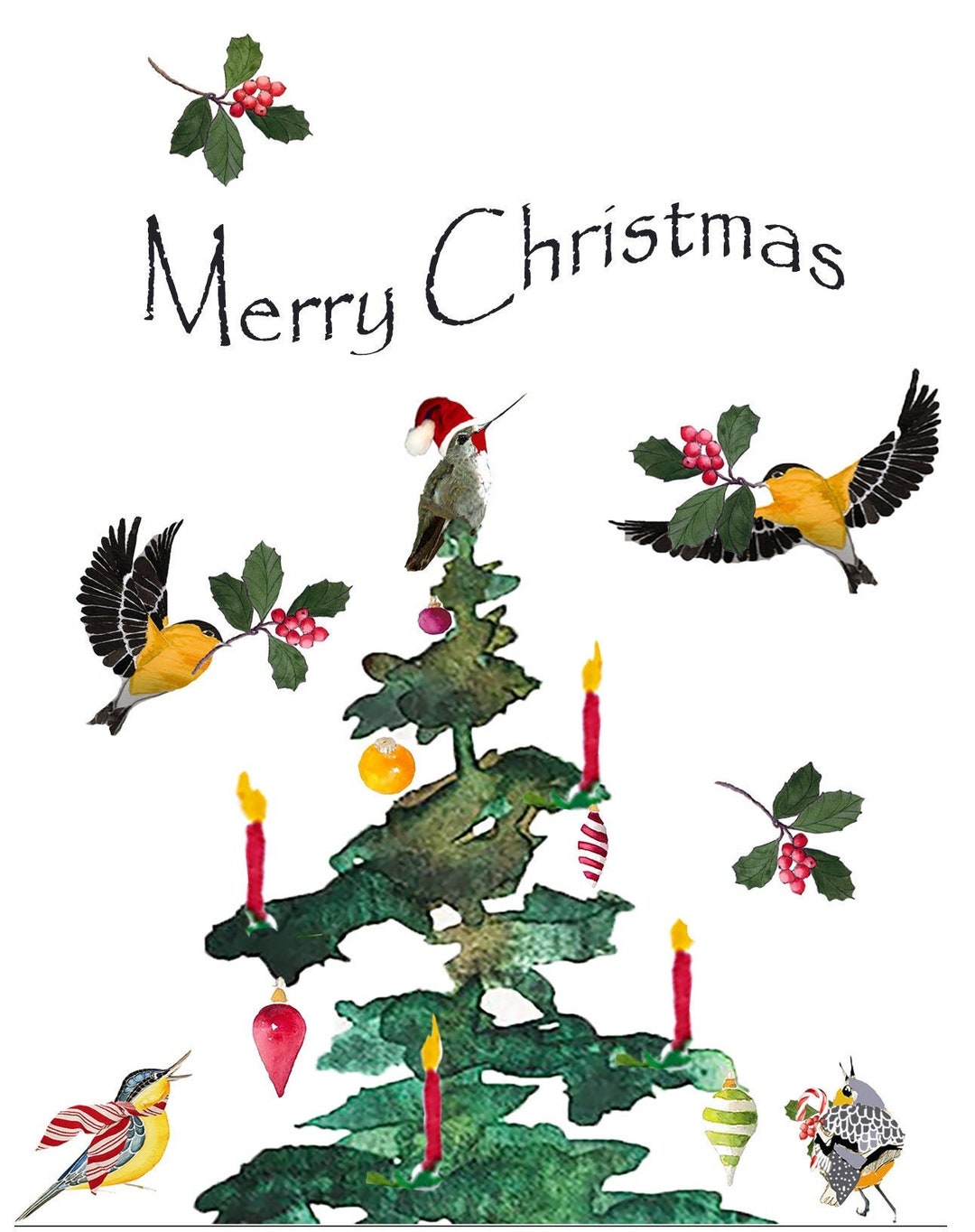 10 CUSTOM Hummingbird Christmas Tree Cards, Hand Made Fantasy Little ...