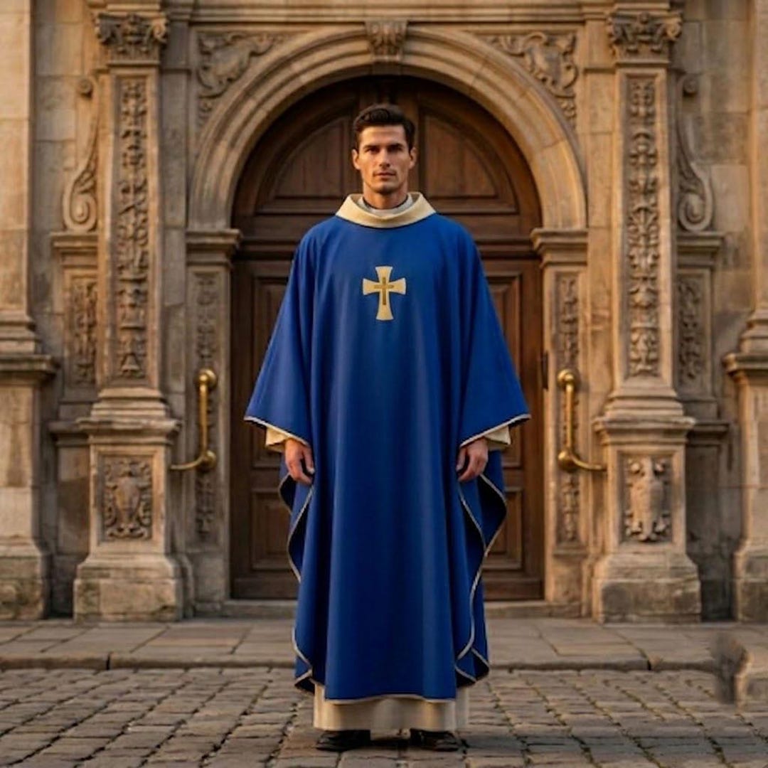 Blue Chasuble for Priest Golden Cross Embroidery Catholic Vestments ...
