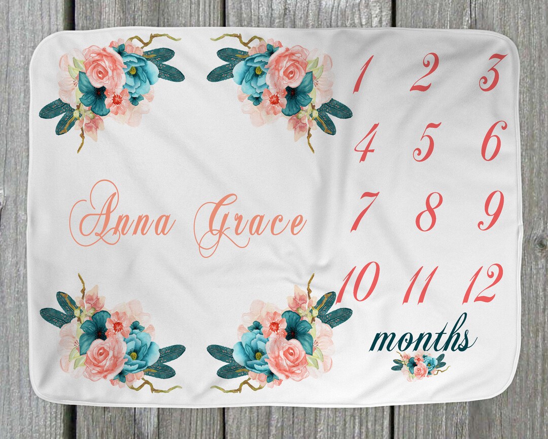 DIGITAL FILE Boho Teal and Coral Milestone Blanket Digital Design for ...