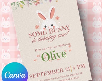Some Bunny is One First Birthday Invitation, Pastel Cute Rabbit Girl ...