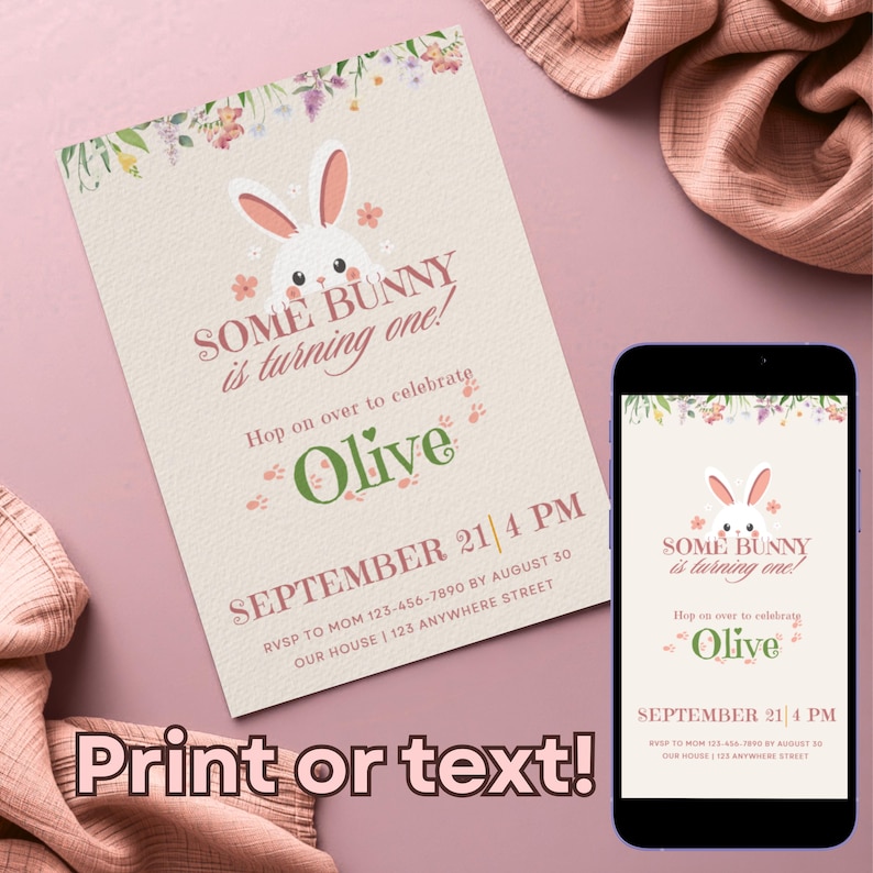 Some Bunny is One First Birthday Invitation, Pastel Cute Rabbit Girl ...