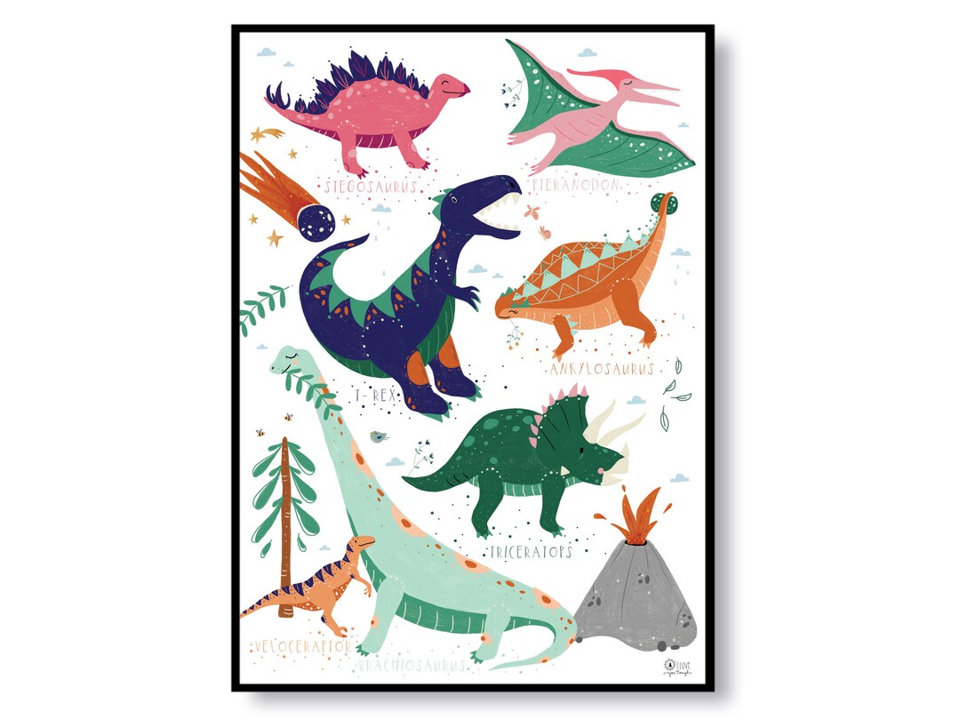 Póster "Dinosaurios de colores" - DIN A2 - Decoración infantil - Papel ...