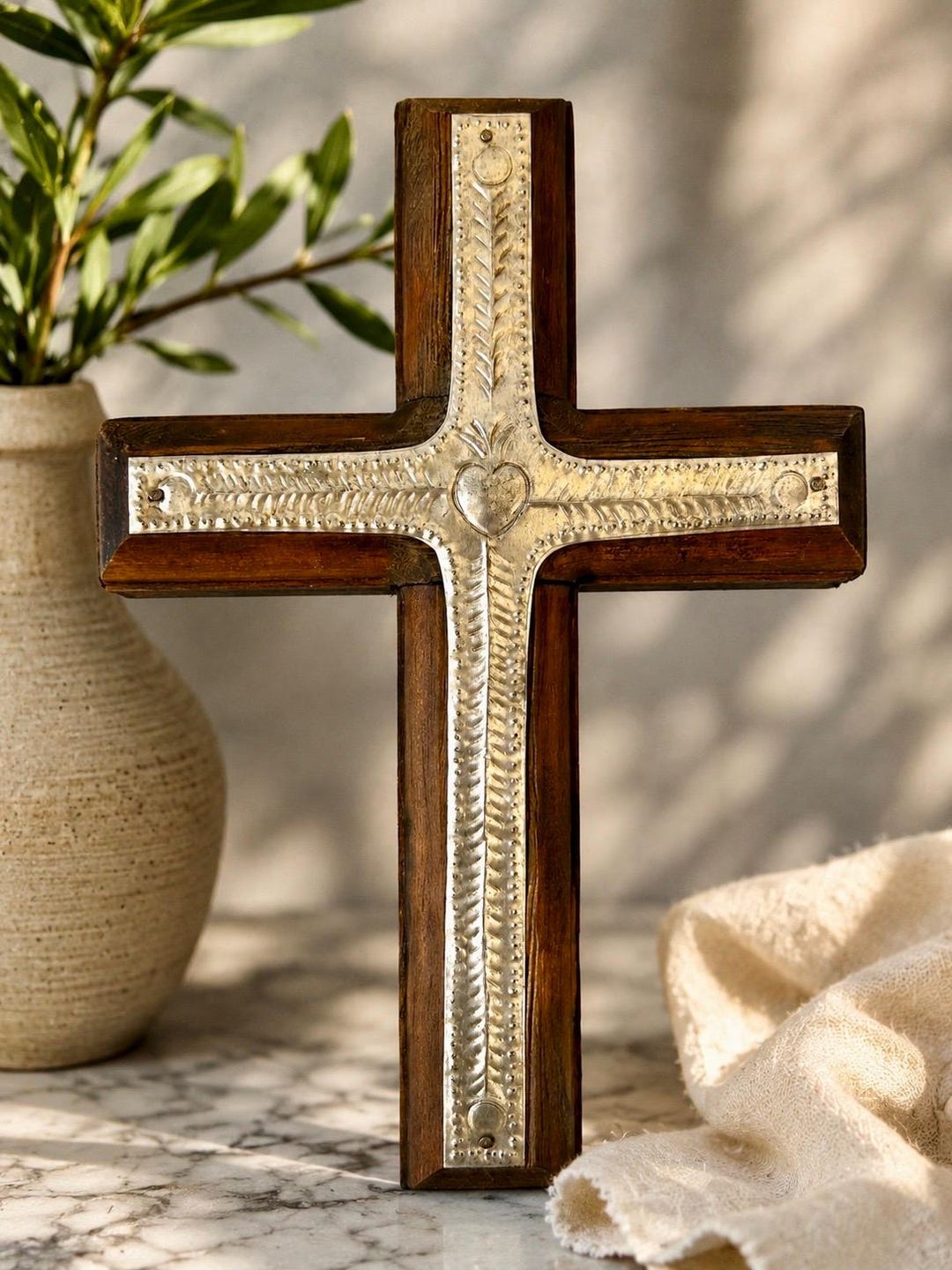 Rustic Wooden Cross With Hand-hammered Metal Inlay | Folk Art Christian ...