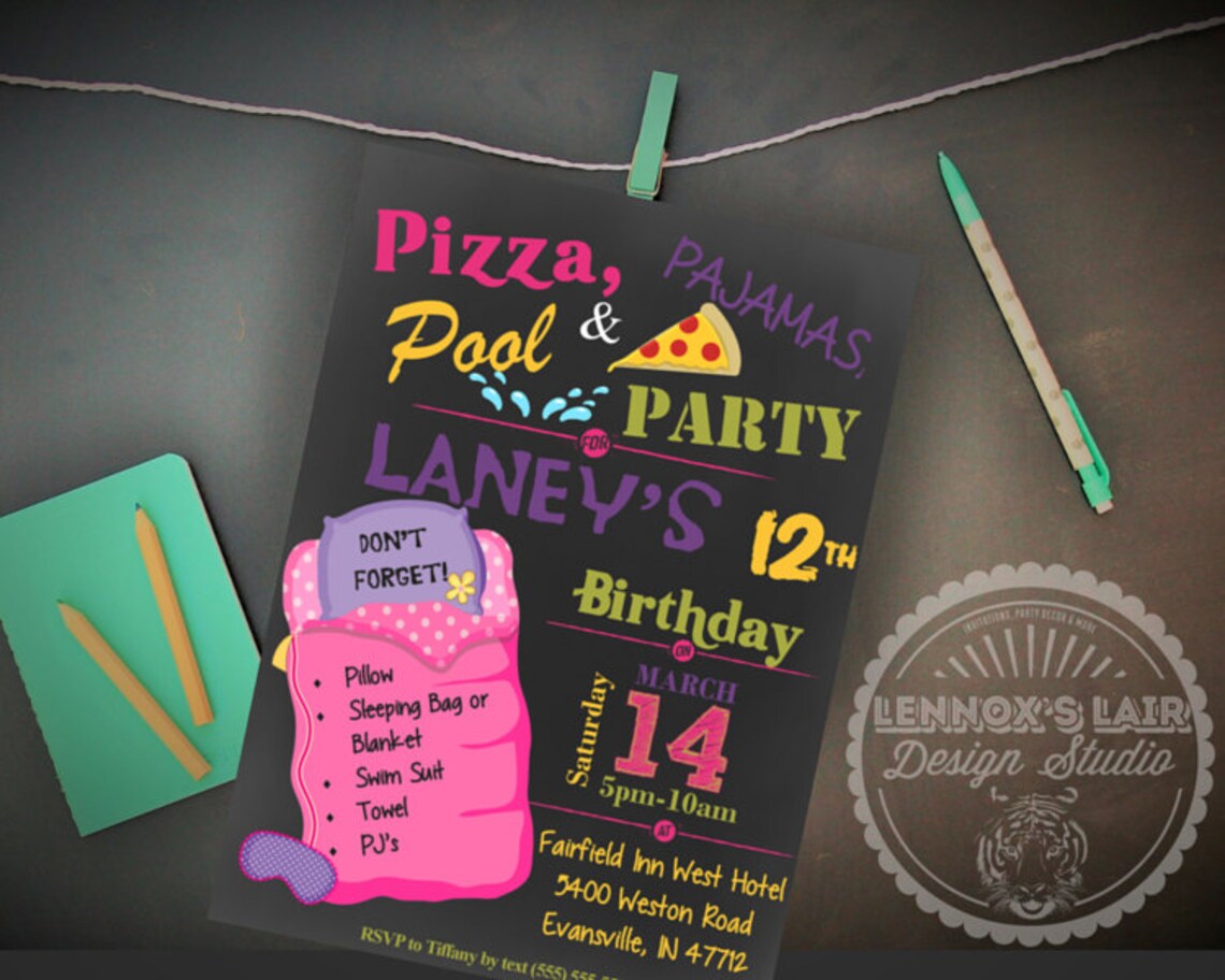 Girl's Pizza Pajama & Pool Swim Party Slumber Sleepover Birthday ...