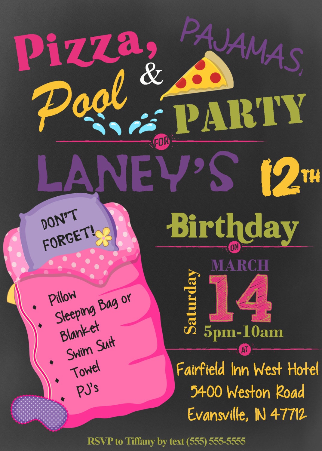 Girl's Pizza Pajama & Pool Swim Party Slumber Sleepover Birthday ...