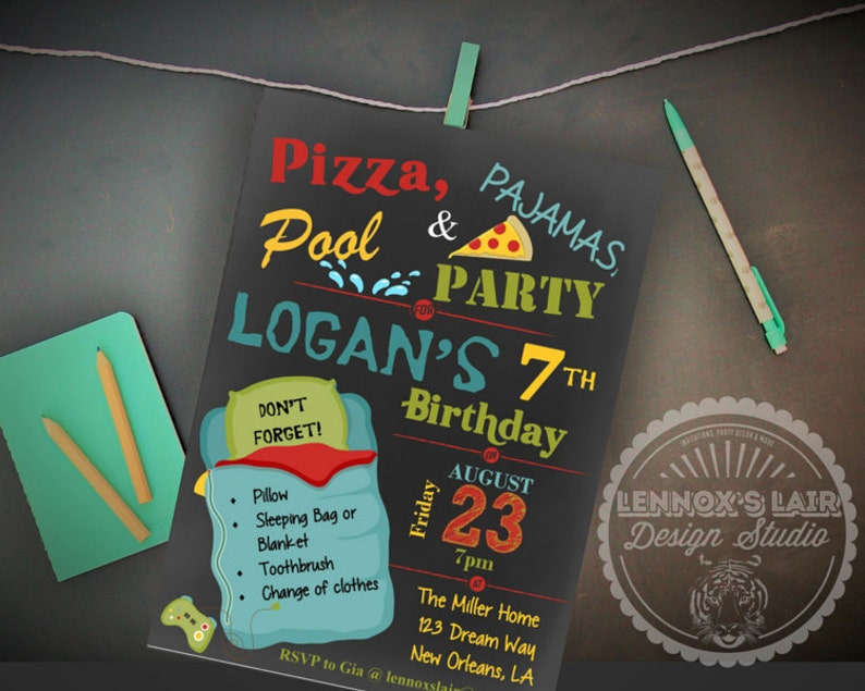 Girl's Pizza Pajama & Pool Swim Party Slumber Sleepover Birthday ...