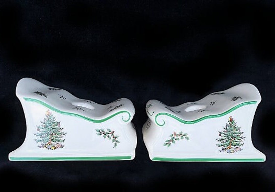 Set of 2 Spode Christmas Tree Sleigh Candleholders With Green Trim in ...