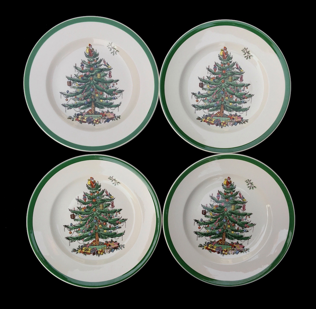 Set of 4 Spode Christmas Tree 7-3/4" Salad or Dessert Plates With Green ...