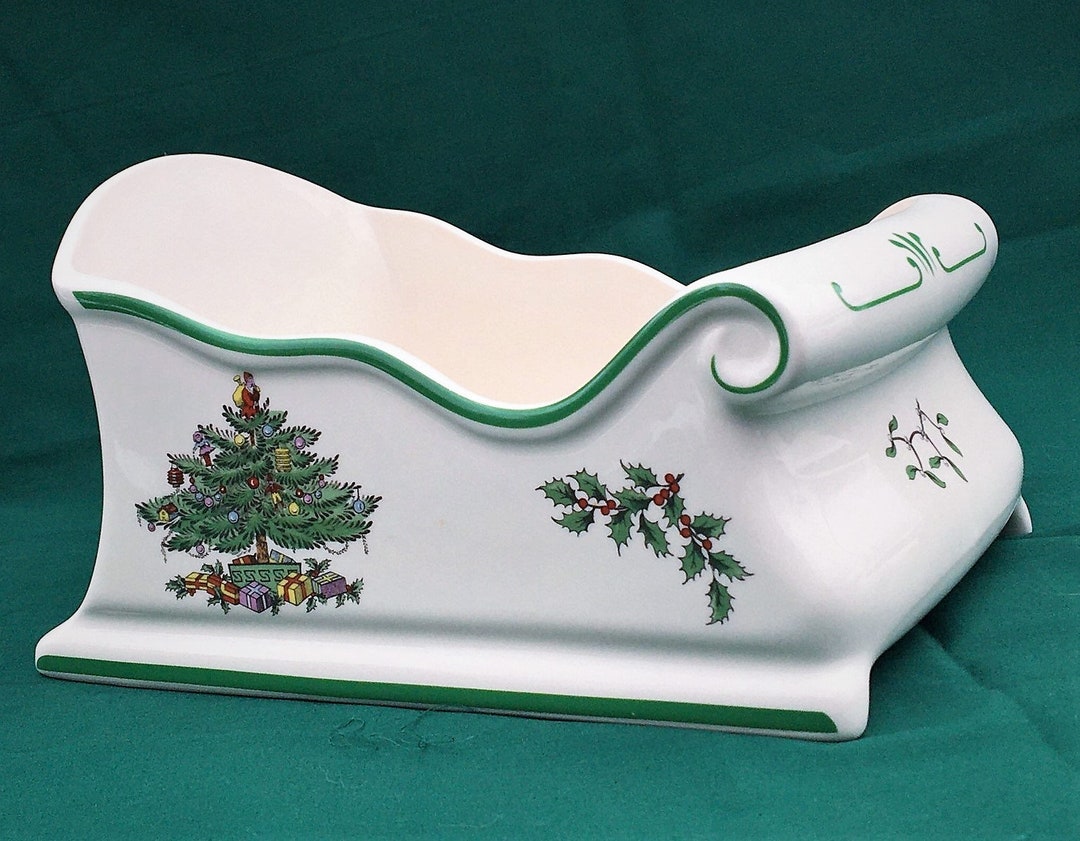 Spode Christmas Tree 8-1/2" X 6" Sleigh Bowl With Green Trim Made in ...
