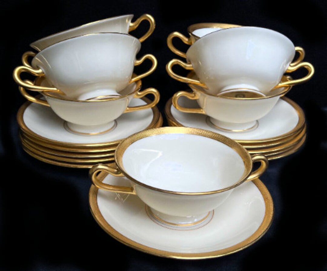 Very H-T-F Lenox "eternal" 4-3/8" 6-oz. Footed Cream Soup Bowls and ...