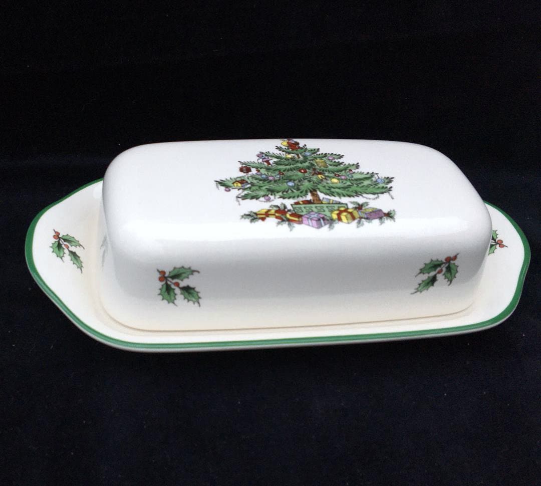 Spode Christmas Tree 1/4-lb. Covered Butter Dish With Green Trim Made ...