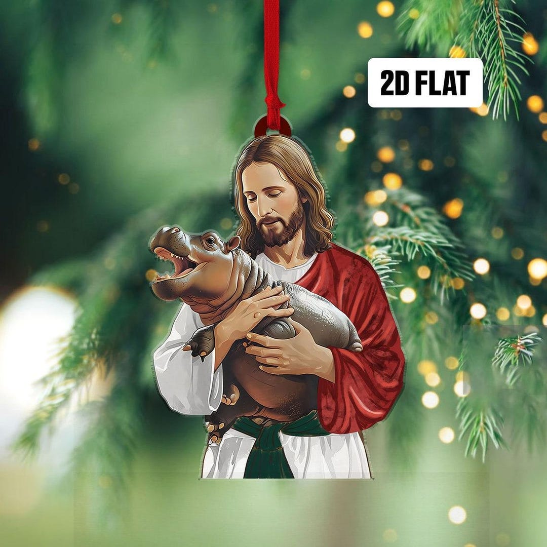 Jesus Holding Moo Deng 2D Flat Ornament, Hippo Rearview Mirror Car ...