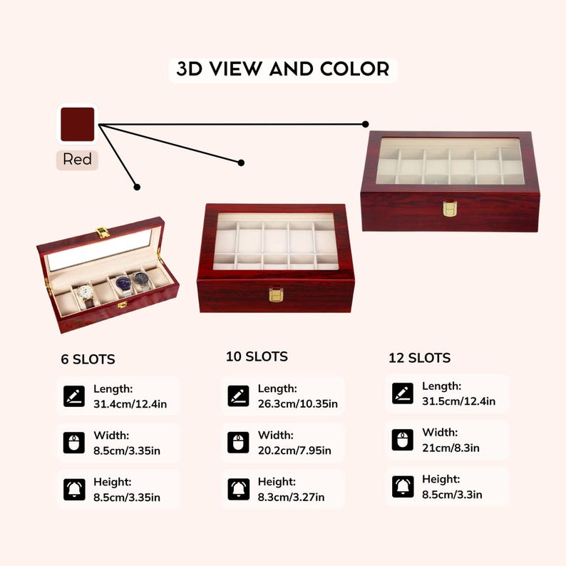 Luxury Wood Watch Box for Men , Red Rosewood Watch Organizer With Glass ...