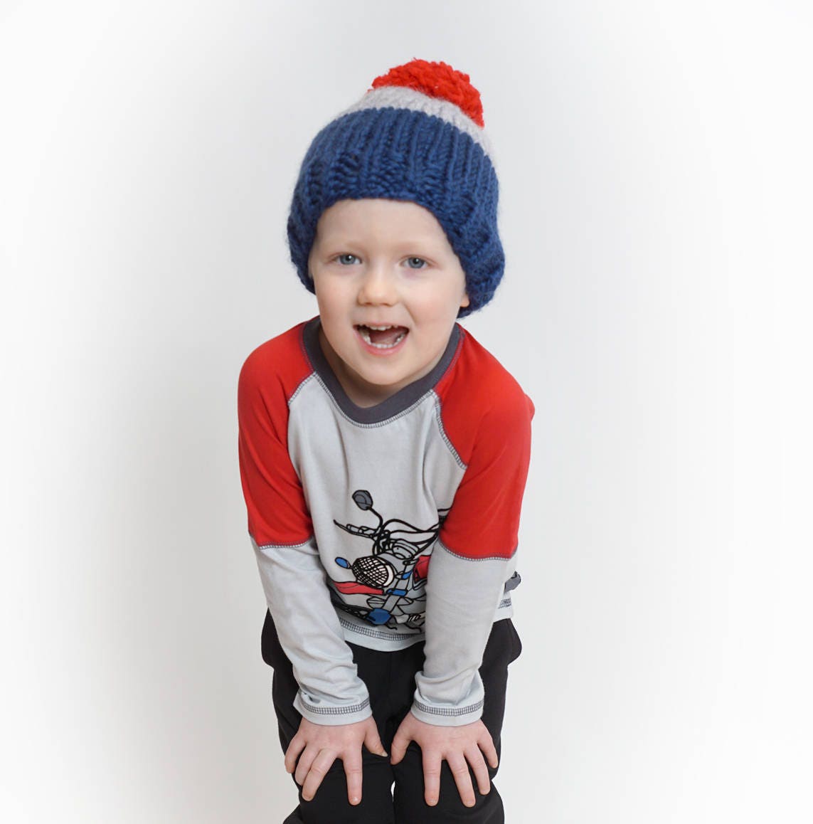 Blue and Grey Colorblock Chunky Knit Kid's Size Hat With Bright Red ...