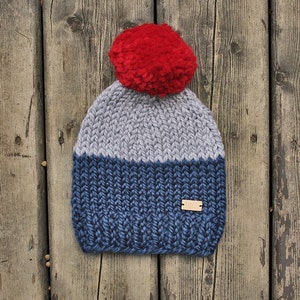 Blue and Grey Colorblock Chunky Knit Kid's Size Hat With Bright Red ...