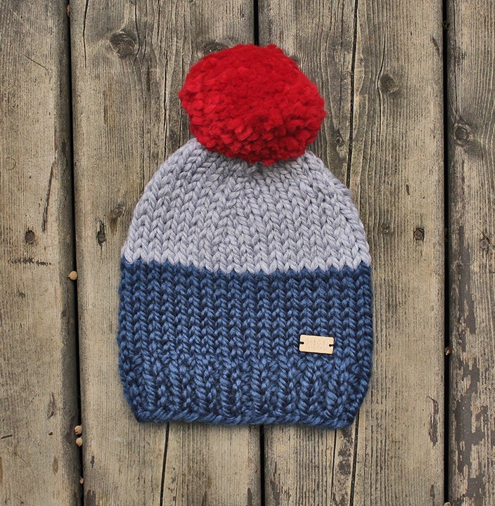 Blue and Grey colorblock chunky knit kid's size hat with | Etsy