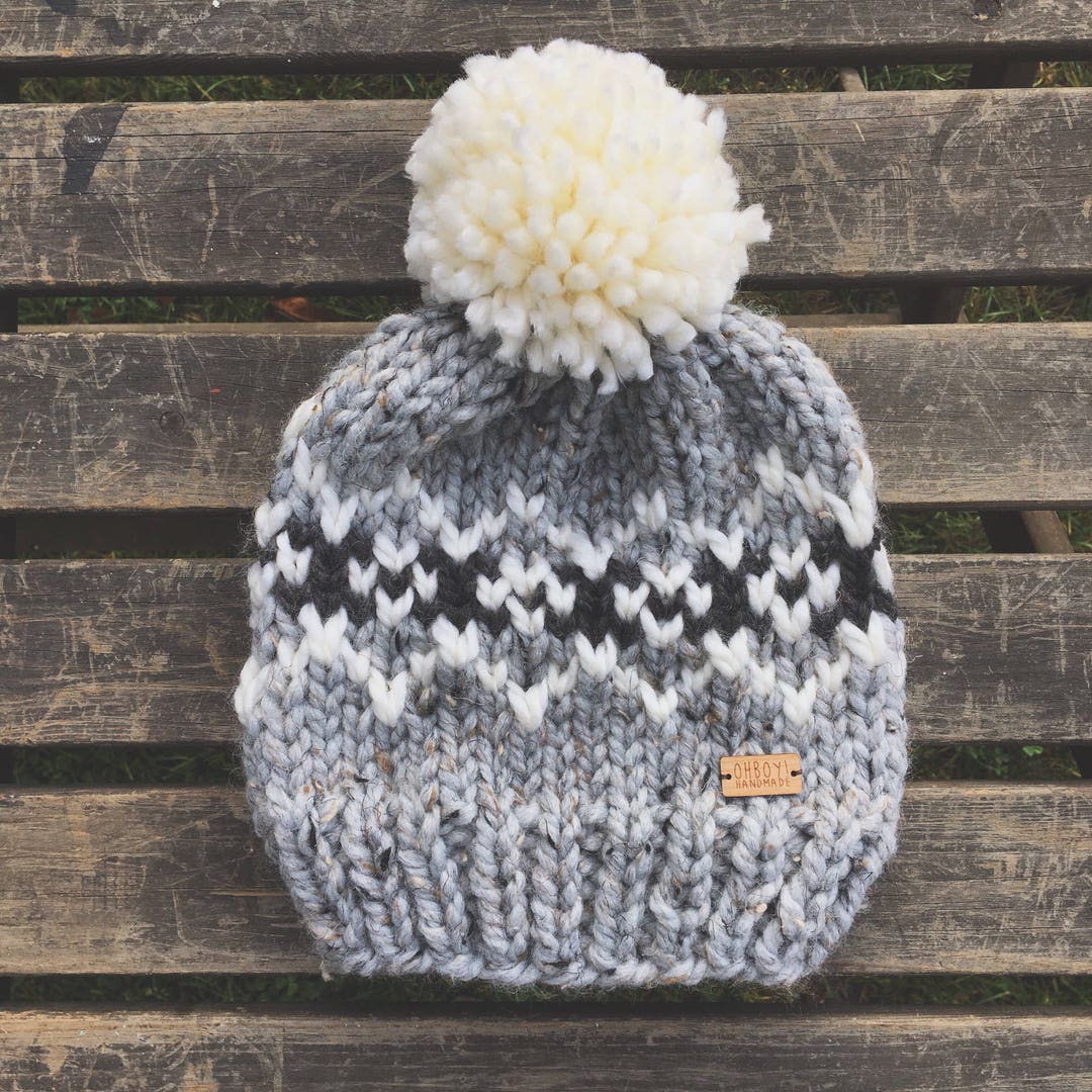 The Aspen Hat - Marled Grey Chunky Knit Hat With Cream and Charcoal ...