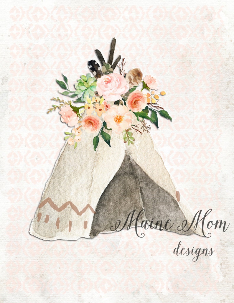Instant Download Tee Pee Flowers Feathers Nursery Art 8 X - Etsy
