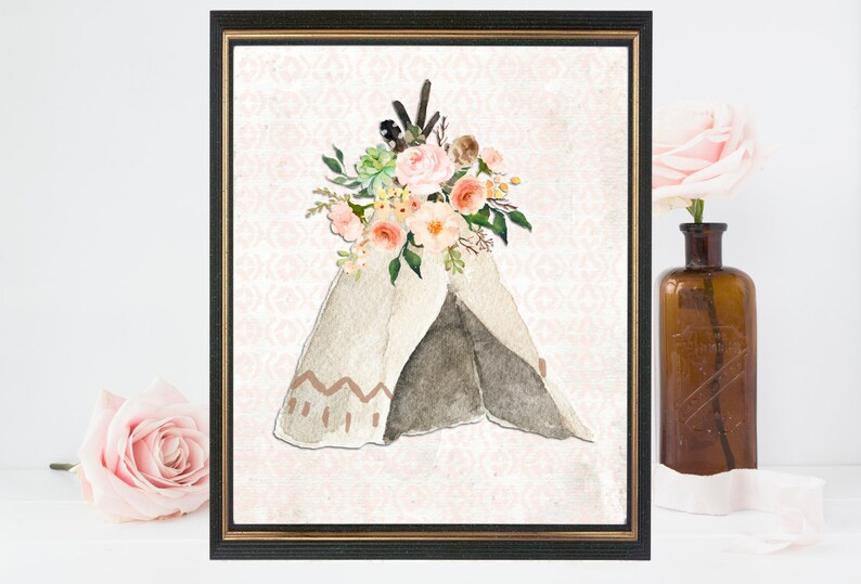 Instant Download Tee Pee Flowers Feathers Nursery Art 8 X - Etsy