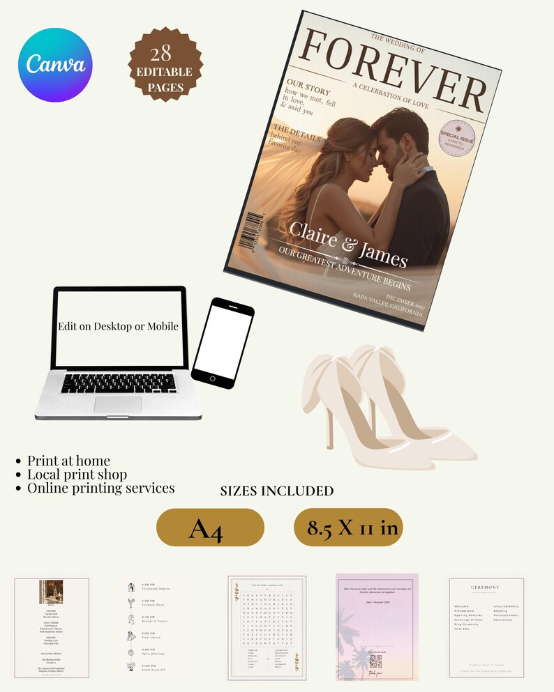 Modern Wedding Magazine Program Template, Vogue-inspired Ceremony ...