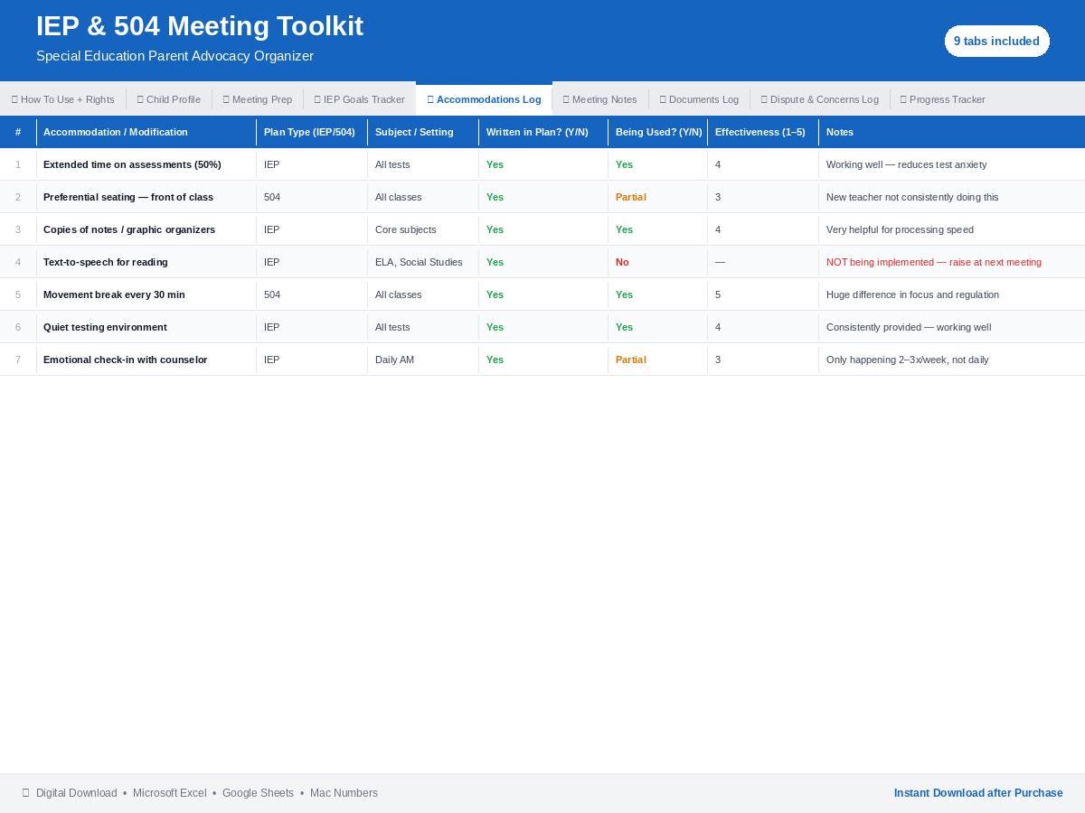 IEP Meeting Prep Toolkit Spreadsheet | 504 Plan Parent Advocate ...