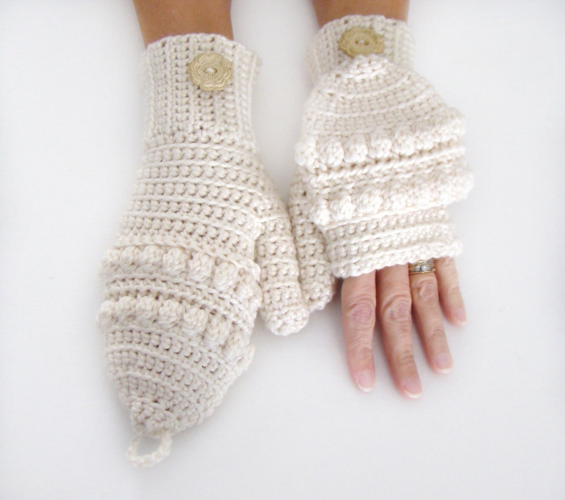 Ivory Convertible Fingerless Mittens Crochet Glittens Ivory - Etsy