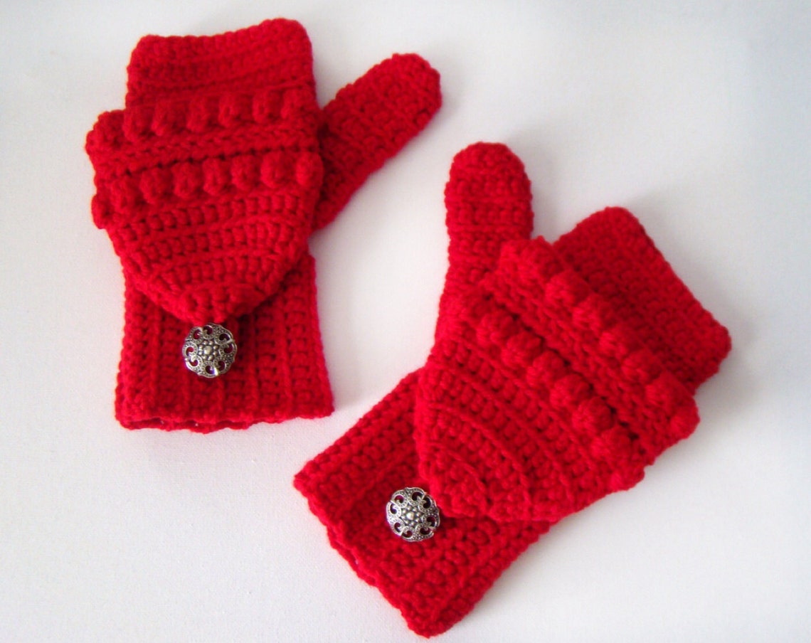 Cherry Red Convertible Fingerless Mittens Crochet Glittens | Etsy