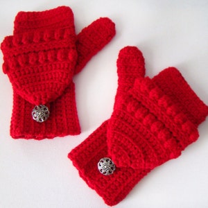 Cherry Red Convertible Fingerless Mittens Crochet Glittens - Etsy