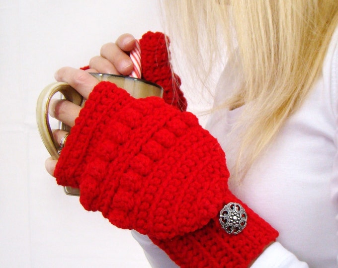 Cherry Red Convertible Fingerless Mittens, Crochet Glittens, Bright Red ...