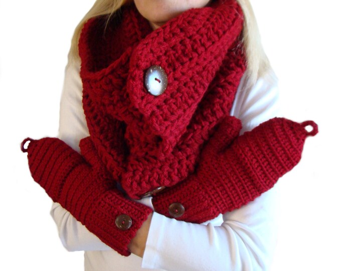 Convertible Fingerless Mittens Button Cowl Scarf Set Cranberry Red ...