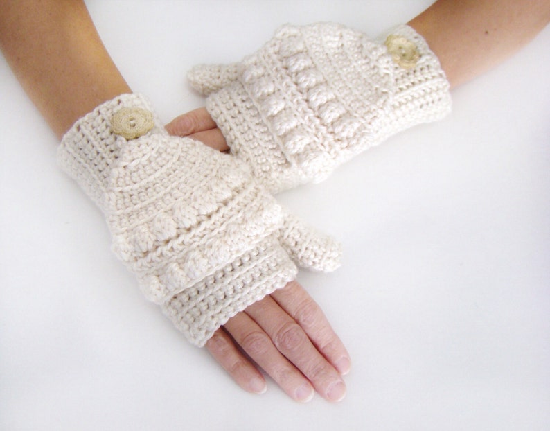 Ivory Convertible Fingerless Mittens Crochet Glittens Ivory Etsy
