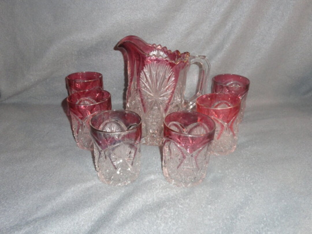 Vintage Cut Glass W/ Ruby Flash Pitcher and 6 Glasses Set - Etsy