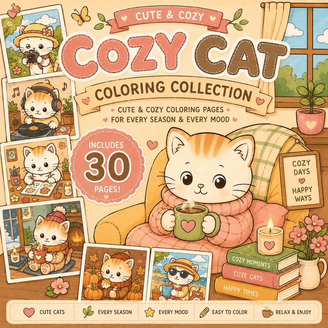 Cozy Cat Coloring Pages | 30 Kawaii Illustrations (digital Download) - Etsy