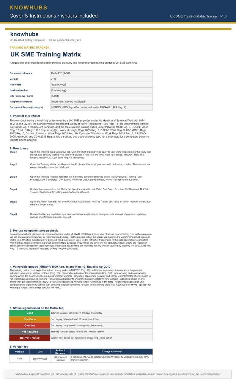 UK Training Matrix Excel Tracker | NEBOSH Aligned, Regulation Anchored ...
