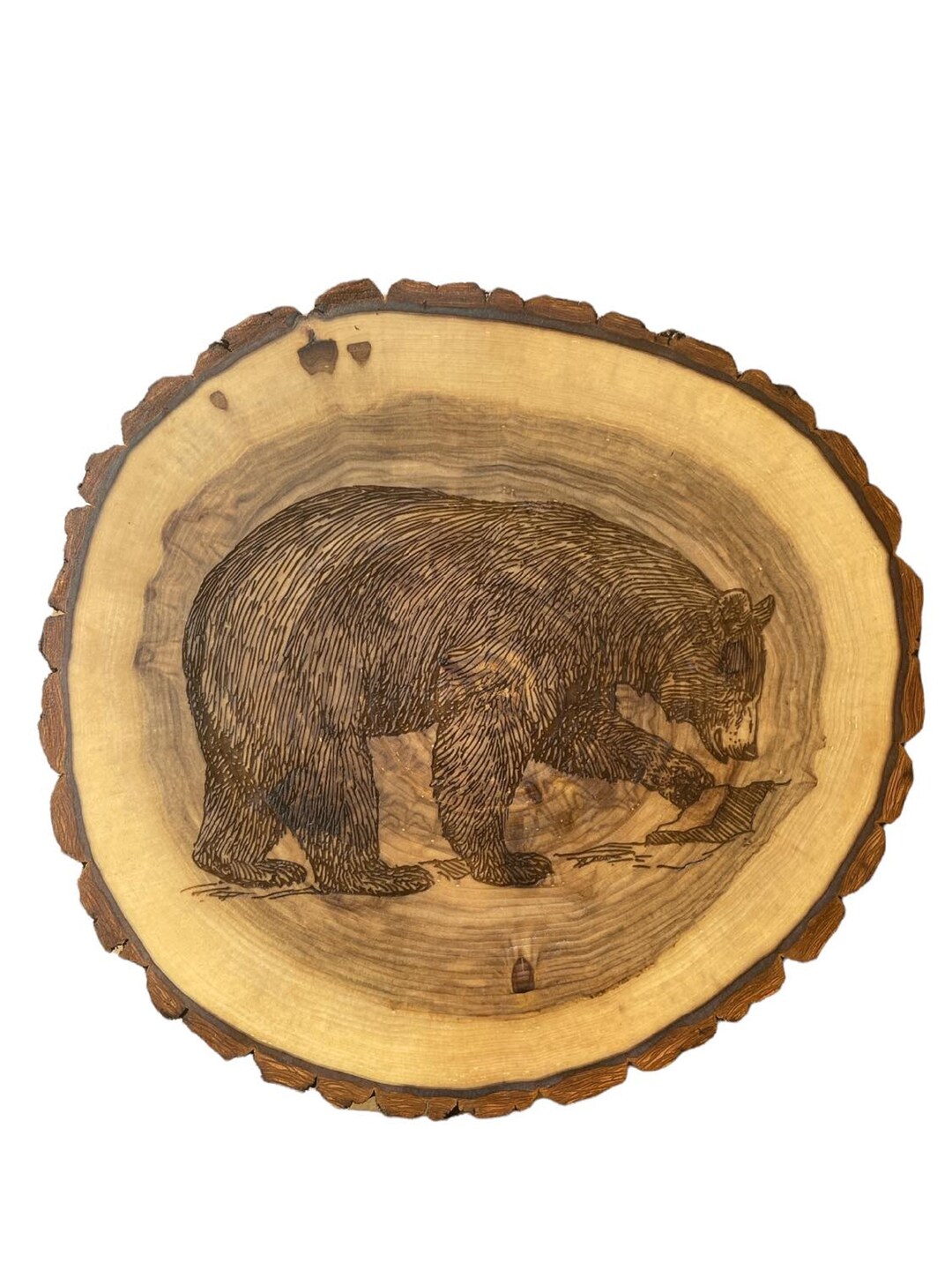 Rustic Bear Engraved Lazy Susan Log Slice With Bark, Turn Table With ...