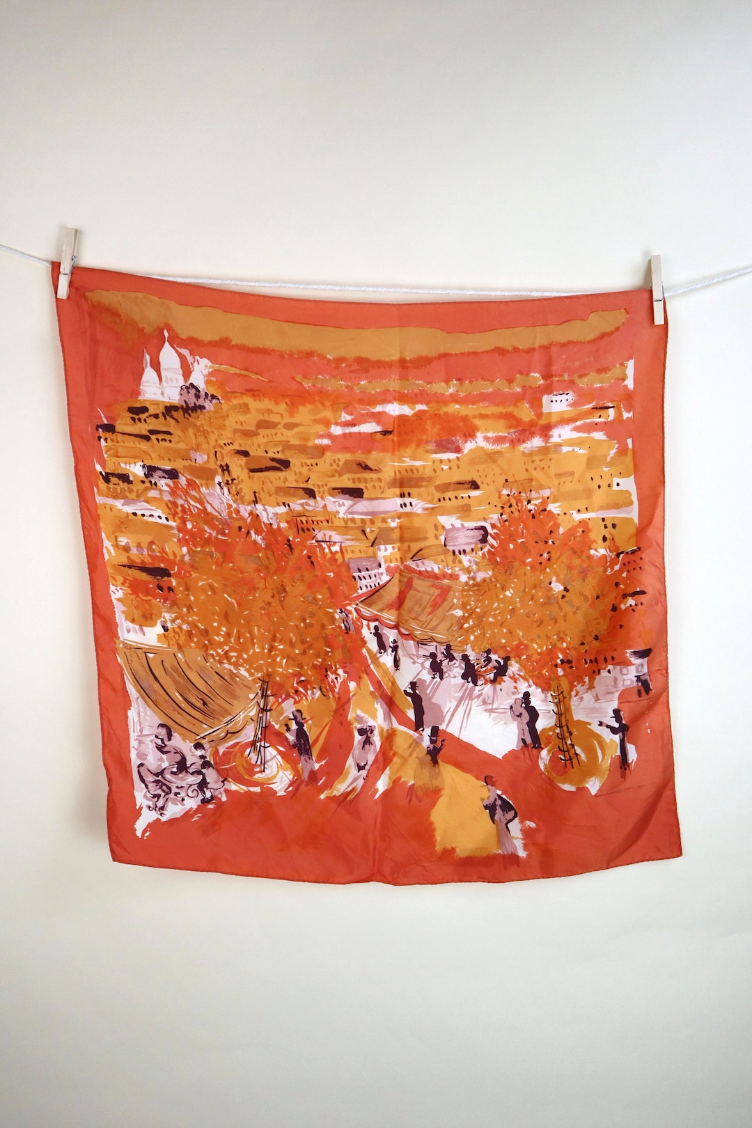 70's Impressionist Orange Painterly Scenic Scarf / Novelty Print ...