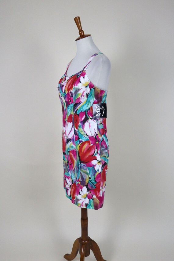 80's Pink Tulip Wiggle Mini Dress / Watercolor Flora… - Gem