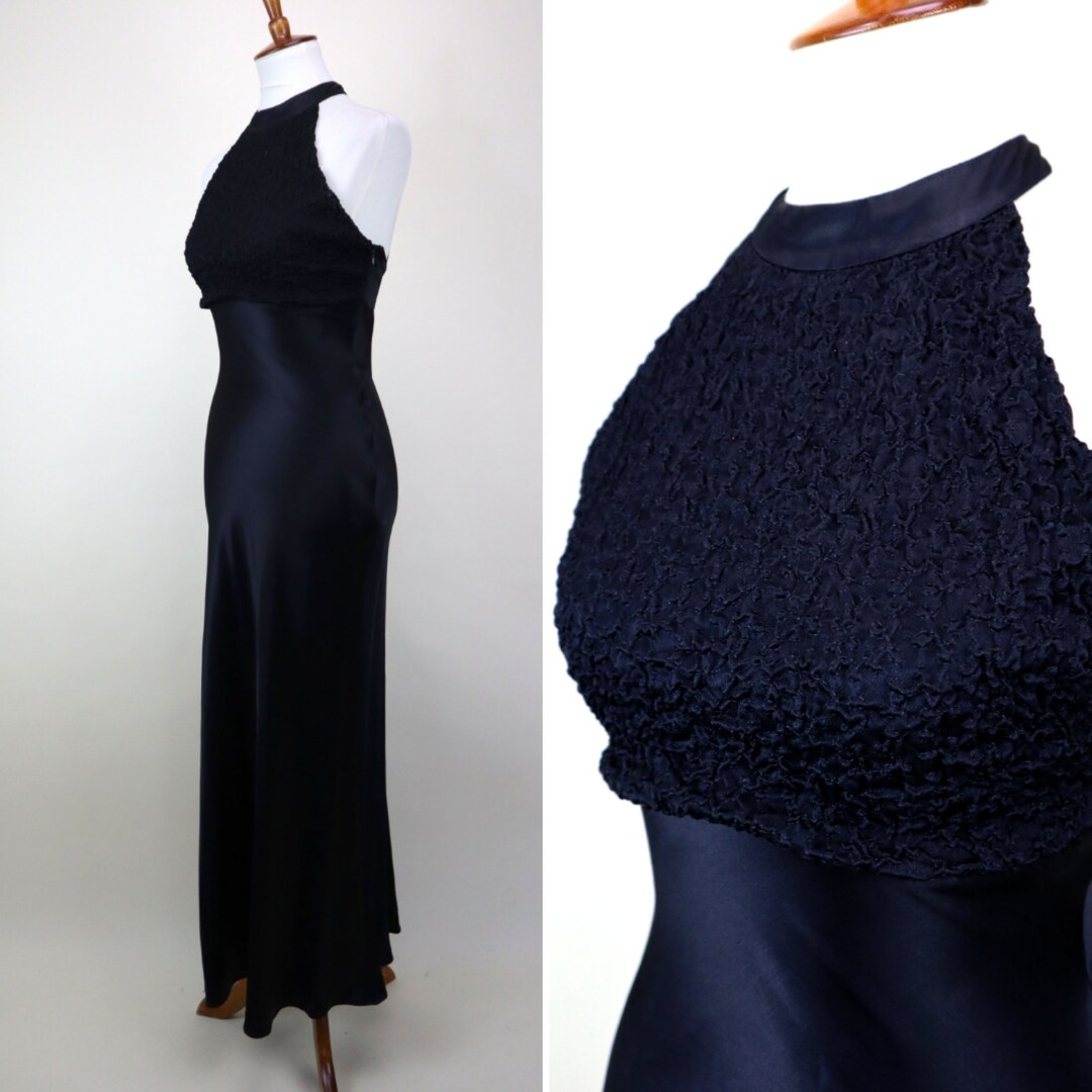 90's Black Satin Halter Top Prom Dress / Fitted Sheath Style Elegant ...