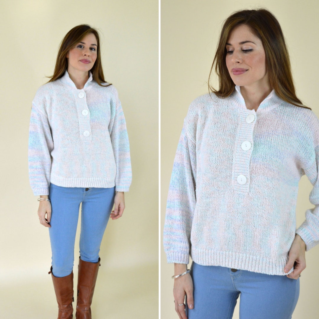 1980's White Pastel Rainbow Slouchy Pullover Sweater / Candycore White ...