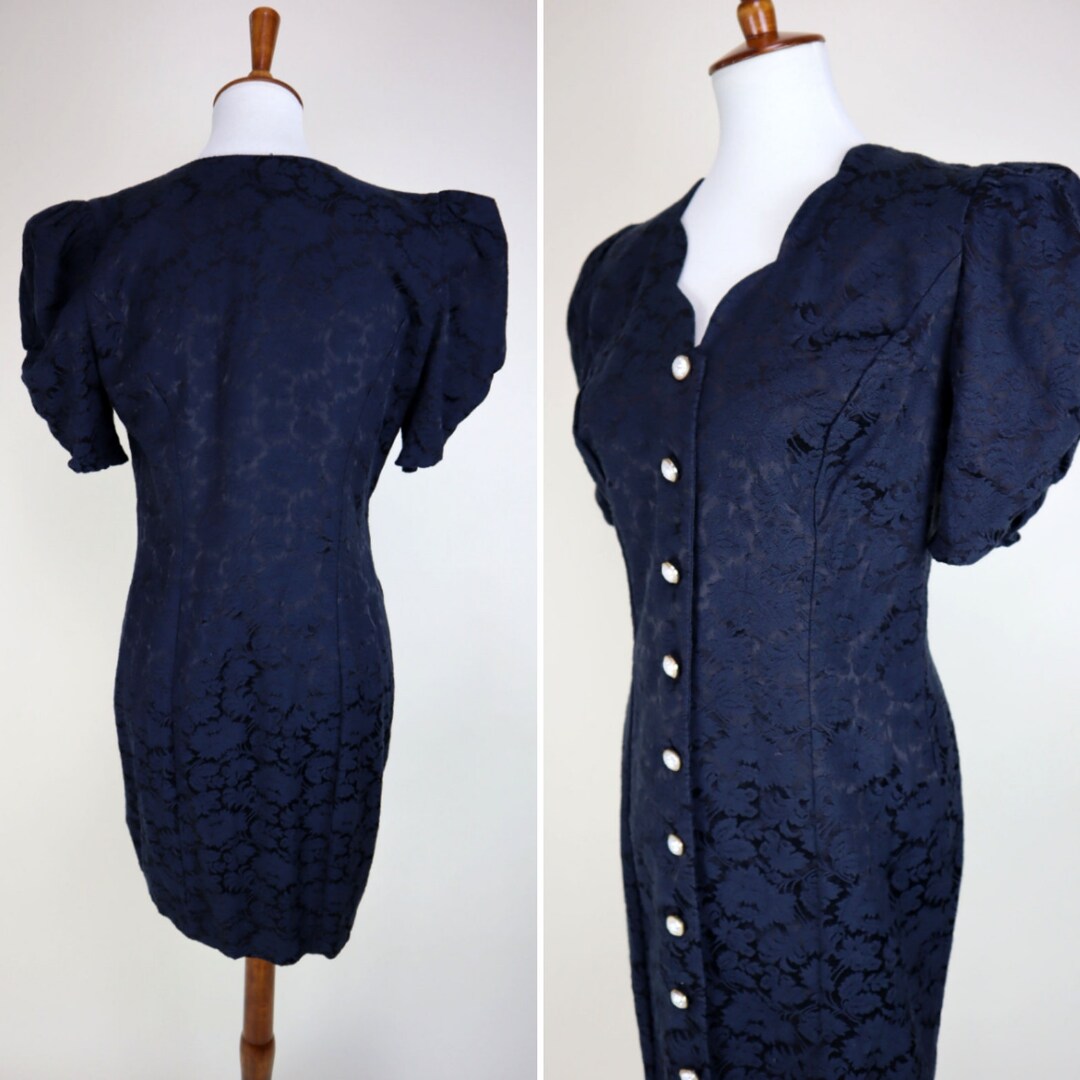 90's Puff Sleeve Fitted Black Goth Button up Dress / Witchy Tapestry ...
