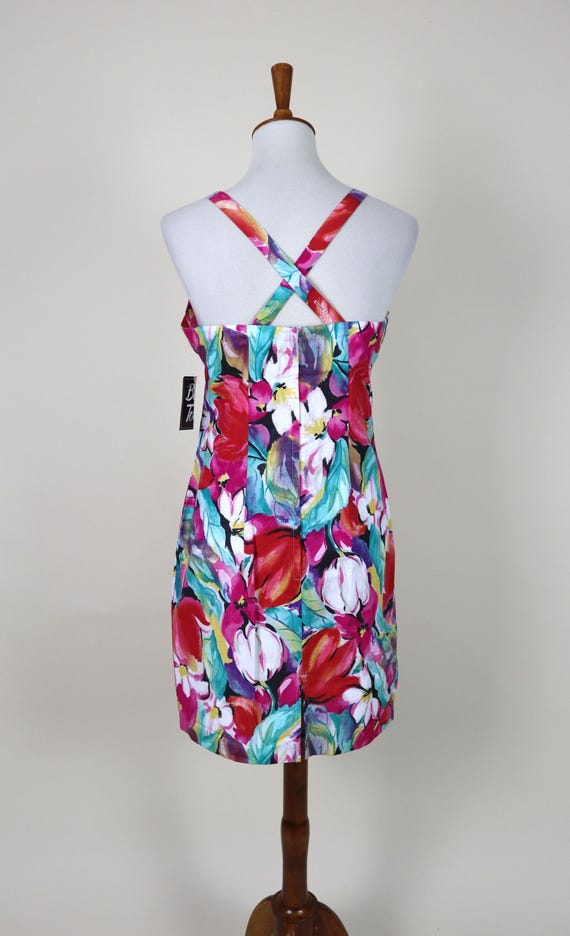 80's Pink Tulip Wiggle Mini Dress / Watercolor Flora… - Gem