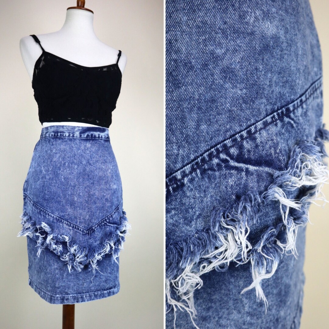 80's Acid Washed Frayed Denim Skirt / Grunge Punk Rockstar Pencil ...