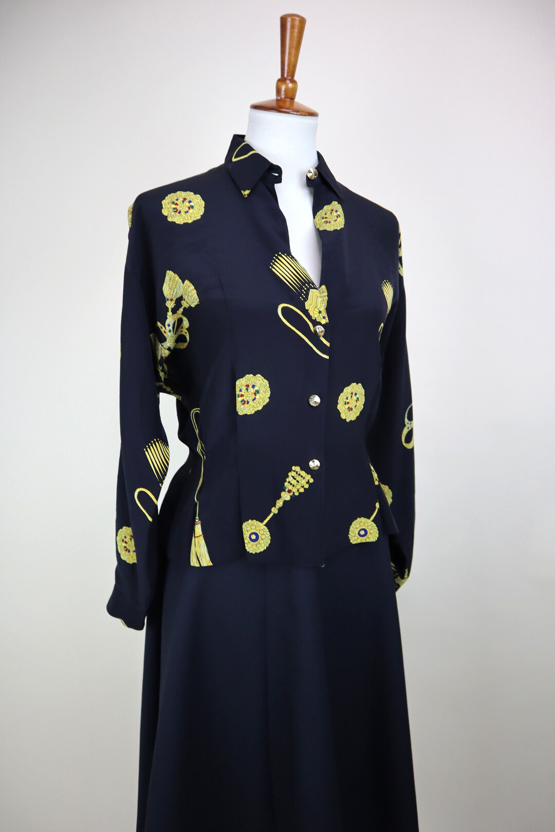 Black and Yellow Chains and Keys Regal Peplum Silk Blouse / Business ...